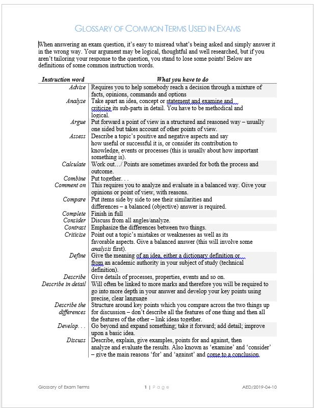 Glossary of Exam Terms – WINAHEAD